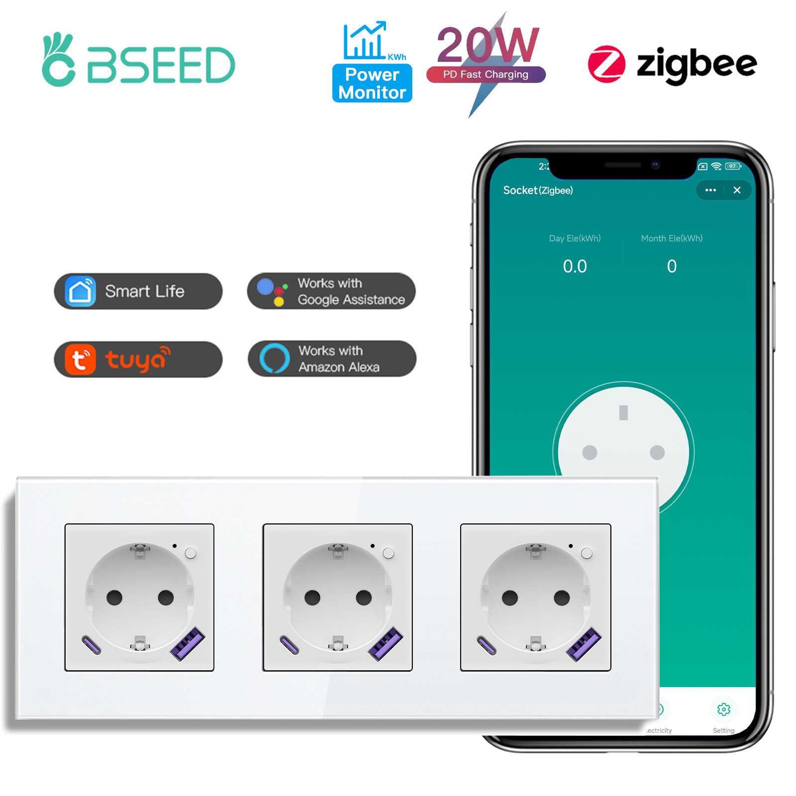 Умная ZIGBEE-розетка с быстрой зарядки 20 Вт через USB и Type-C мониторинг потребления, серия E-TOUCH, стеклянная рамка