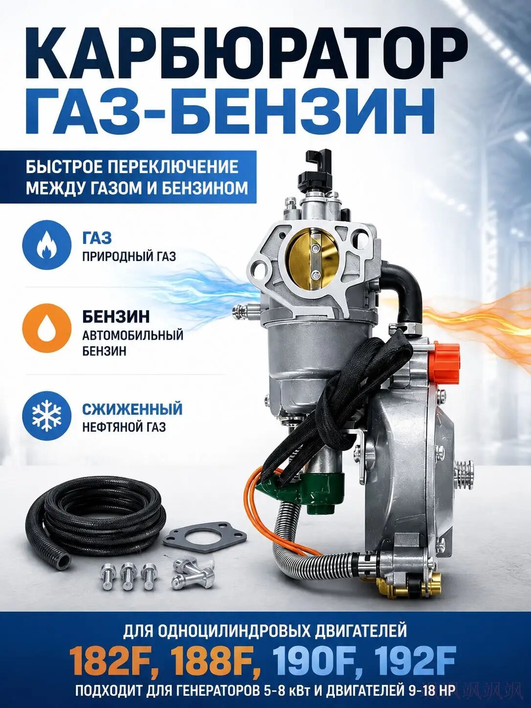 Карбюратор двухтопливный LPG/CNG + бензин для бензогенераторов 188F, 190F, Honda GX390, 58 кВт, для природного газа и пропана