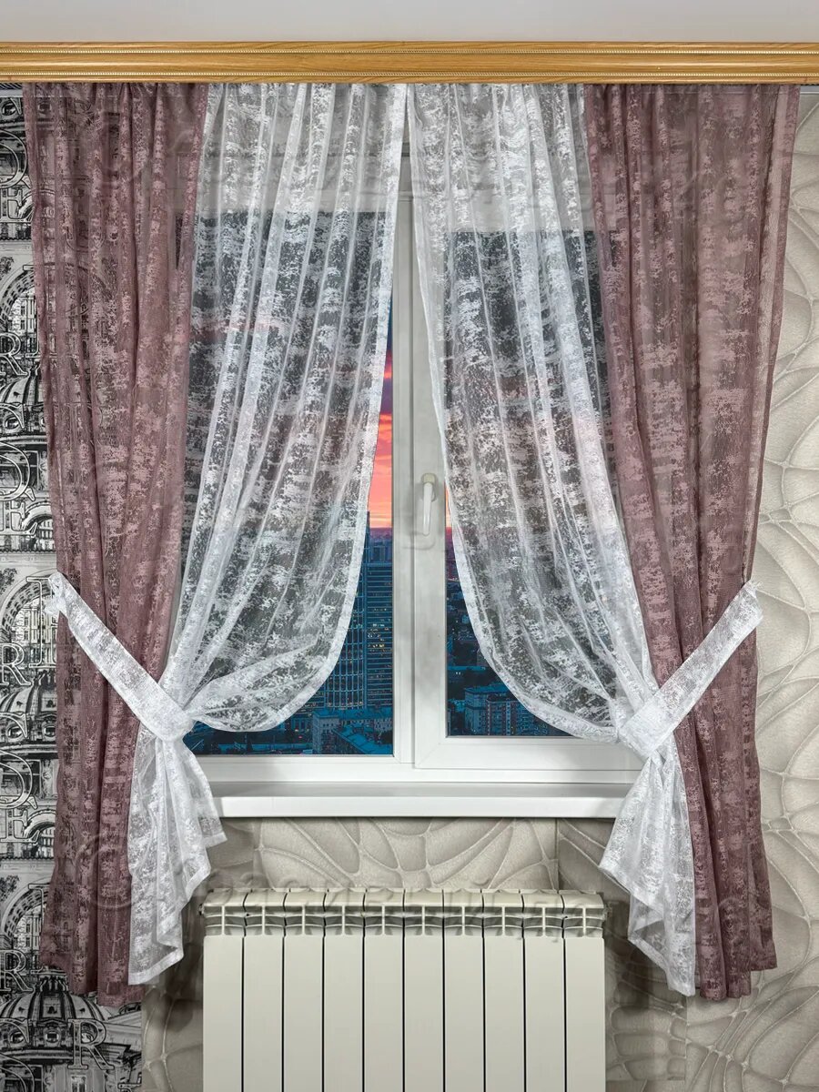 Штора "Красивый дом 46", тюль пудровый, белый короткий арка, 370х180 см