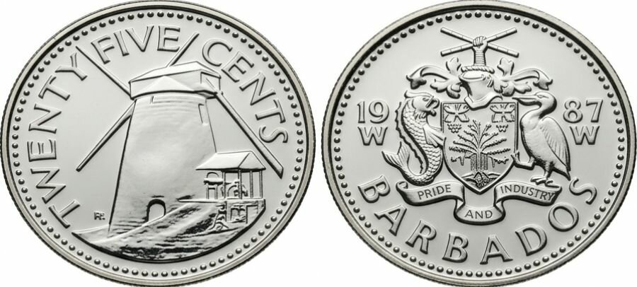 Барбадос 25 центов, 1987 Мельница XF