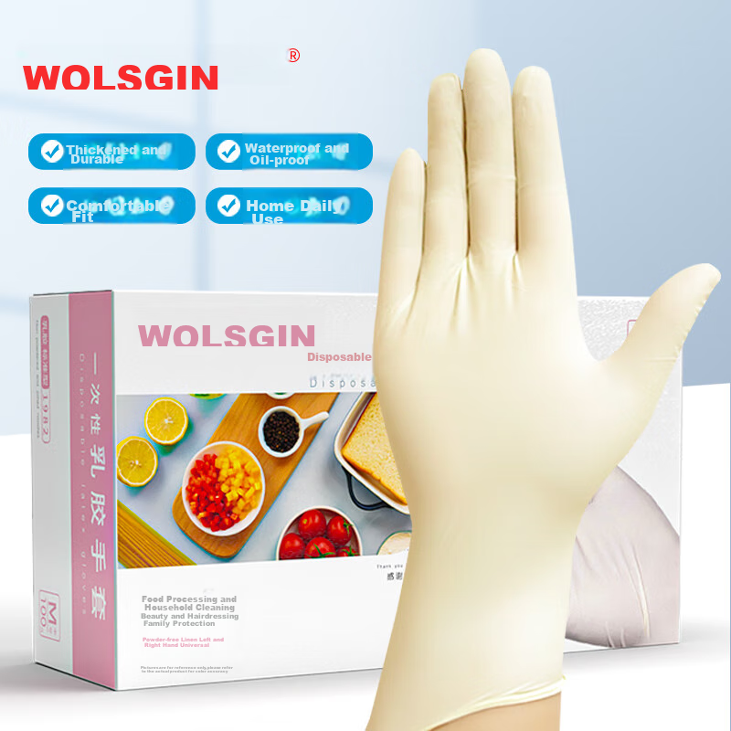 Wolsgin Disposable Gloves, Latex Gloves, Rubber Food-Grade Gloves, Thickened High-Elasticity Examination Gloves, 100 Pieces, M Medium Size