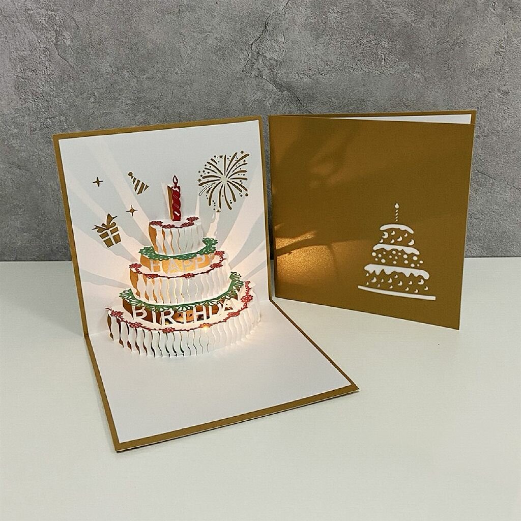 Открытка в подарок на день рождения , happy birthday / Подарок 3d музыкальная светящаяся открытка (Золотой цвет)