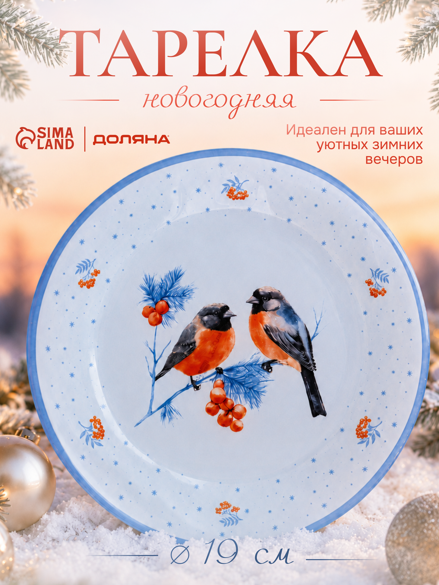Десертная тарелка новогодняя Доляна «Снегири на ветке», d=25 см, стекло, белая, голубая