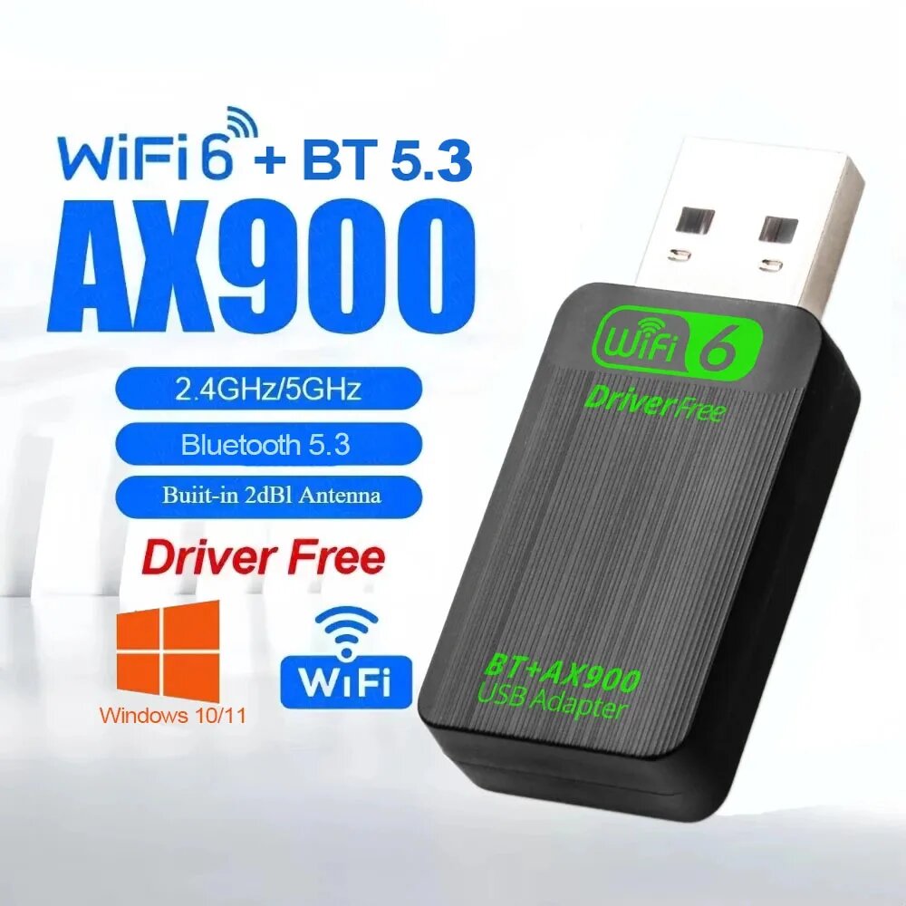 AX900 USB WiFi 6 Bluetooth 5.4 2-в-1 двухдиапазонный беспроводной Wi-Fi адаптер 2.4G и 5GHz, не требующий драйверов, для ПК и ноутбуков с Windows 10/11