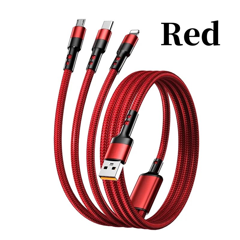 Универсальный Кабель USB 3-в-1 Для Быстрой Зарядки, 1.2м/2м, Type-C, Micro, IOS, 1.3m, Красный, Red