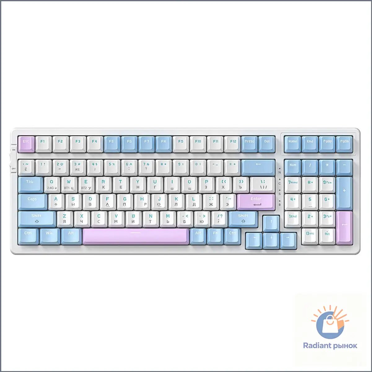 Milochic Игровая клавиатура беспроводная Русская механическая клавиатура, беспроводной приемник Bluetooth +2,4G USB +TYPE-c, с двумя разъемами, двумя глушителями ISSI, красная ось, Русская раскладка, белый