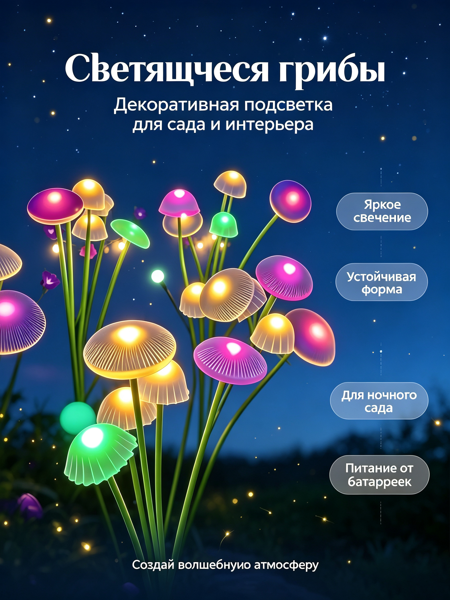 Светящиеся грибы для сада, декоративная подсветка, яркое свечение, на батарейках, для интерьера и улицы