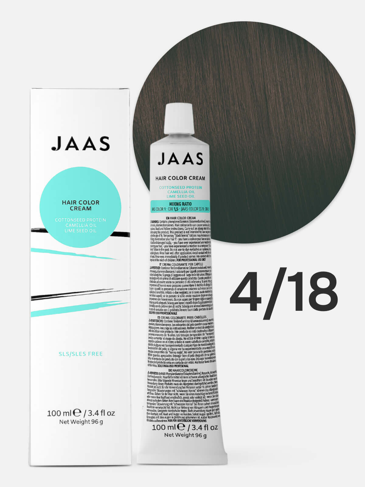 Крем - краска для волос профессиональная Jaas 4/18 Каштановый Коричневый матовый, 100 мл