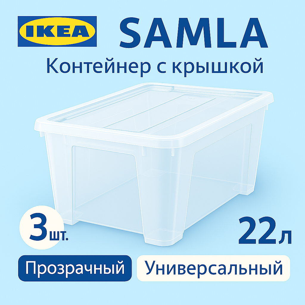 Контейнер с крышкой 22л, 39*28*28см, прозрачный. Икеа Самла, Ikea Samla 3 шт