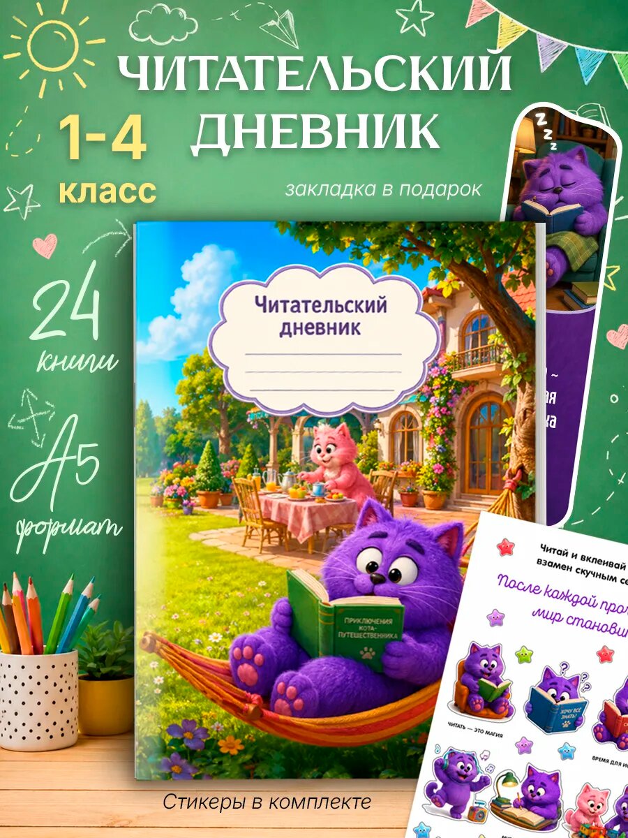Читательский дневник в косую линию 1-4 класс с наклейками
