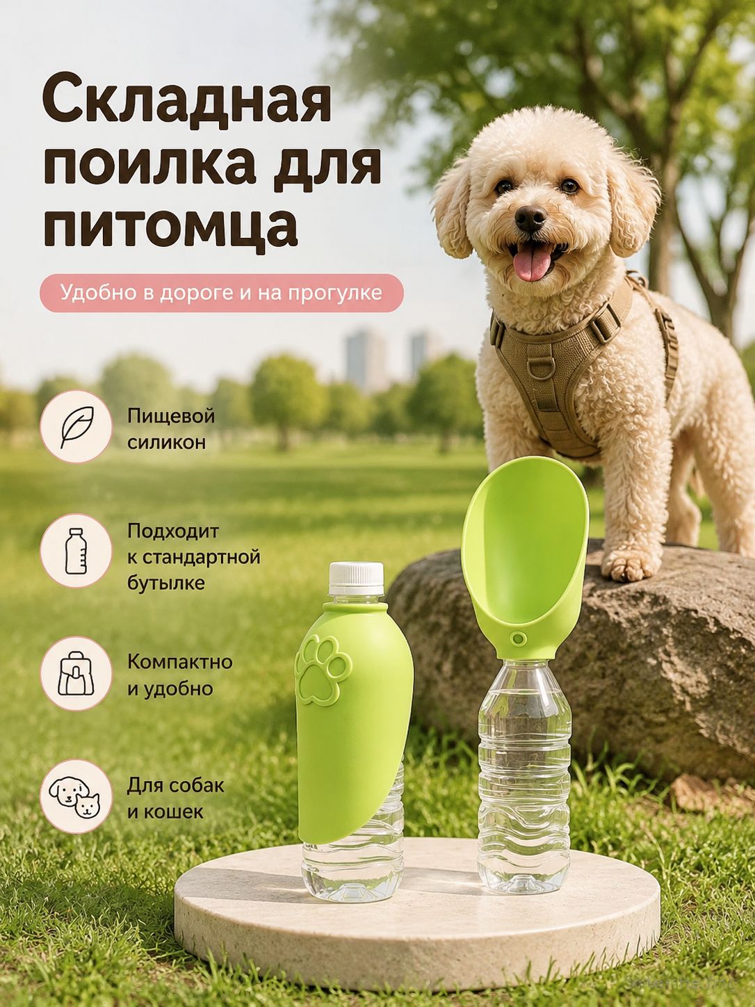 Складная поилка для собак и кошек зелёная на бутылку, силиконовая дорожная миска для воды, портативная поилка для прогулок, поездок и путешествий