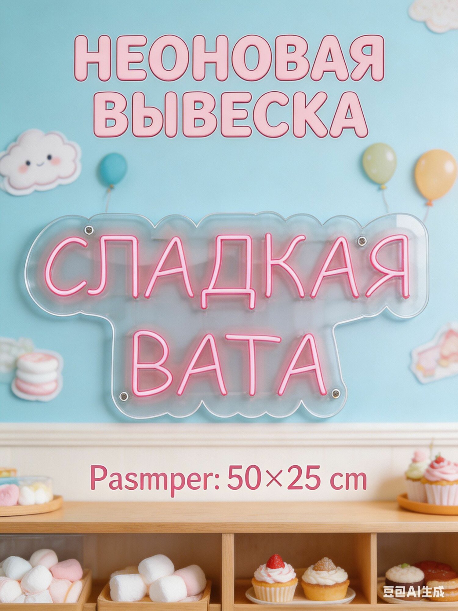 Неоновая вывеска "Сладкая вата" розовая для ярмарки, кафе и кондитерской