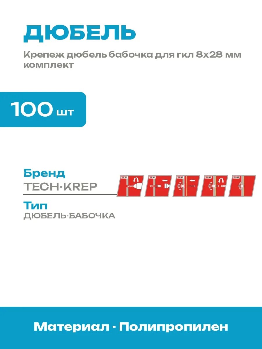 Дюбель бабочка полипропилен 8х28 мм для гипсокартона 100 шт