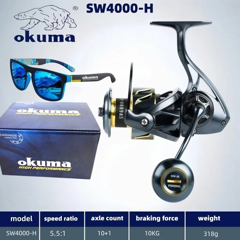Оригинальная цельнометаллическая спиннинговая катушка Okuma, модели 4000-7000, оснащенная модными поляризованными очками.