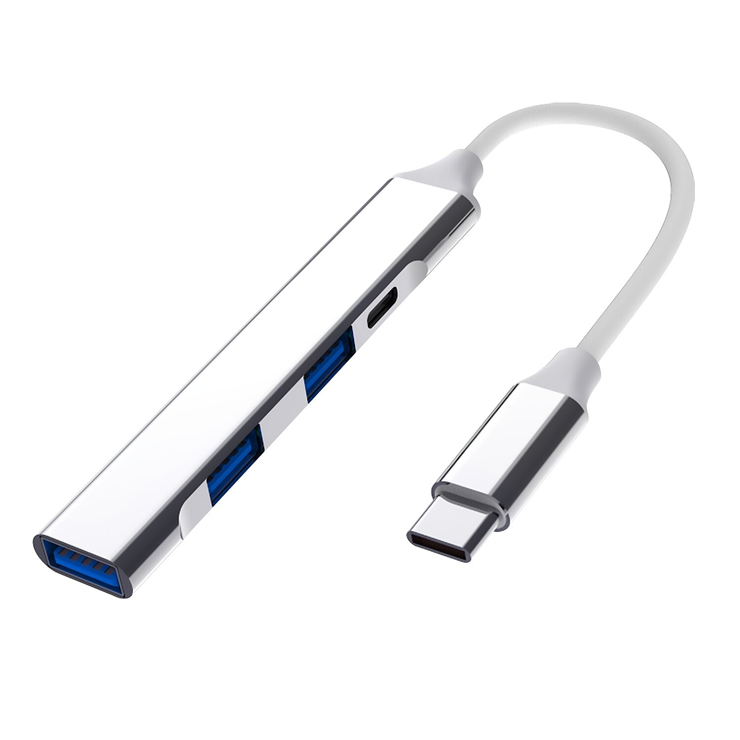 Мультипортовый USB-хаб 4-в-1 (USB 3.0 Type-C): выходы USB-C + 3×USB-A, ультратонкий, серебристый, для ноутбуков и устройств с USB-C