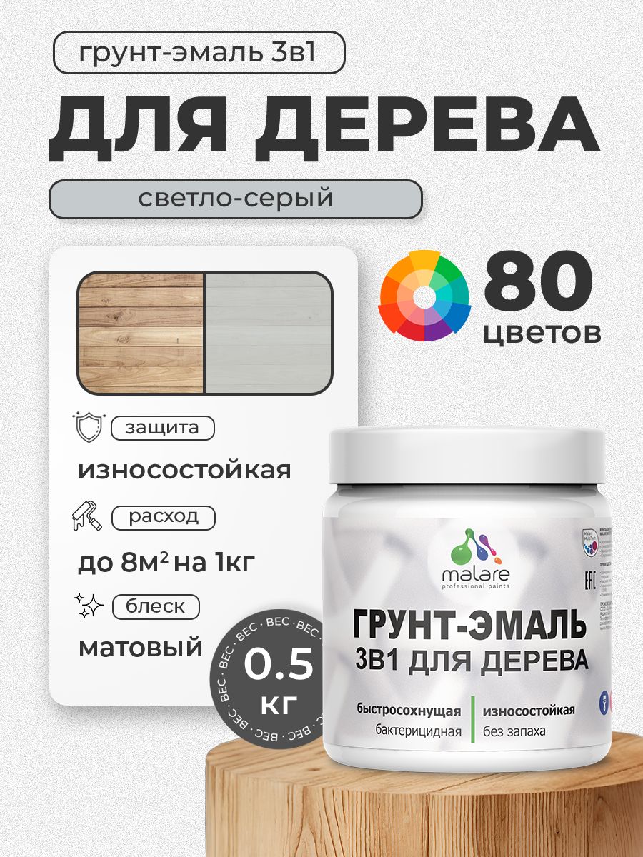 Акриловая Грунт-Эмаль 3 в 1 Malare для деревянных поверхностей/ краска по дереву с антисептическим эффектом/ быстросохнущая моющаяся без запаха матовая, светло-серый, 0.5 кг