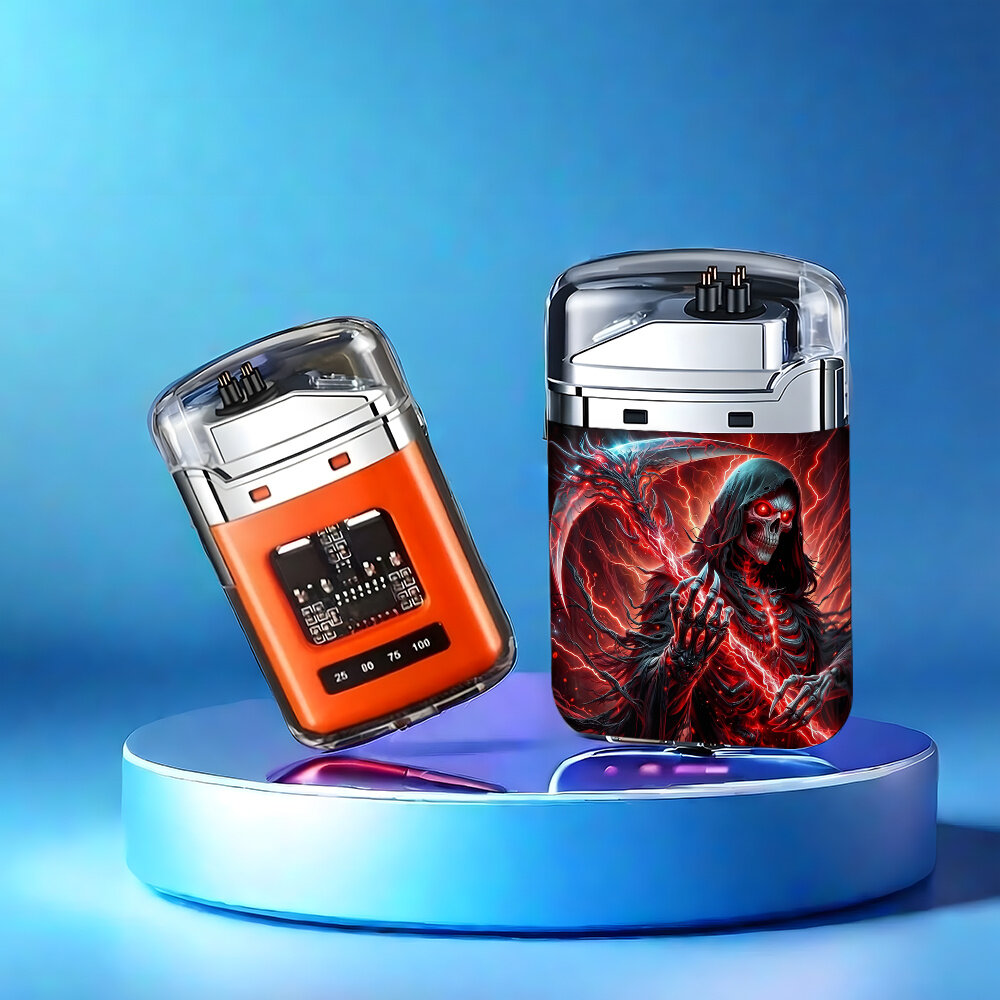 Зажигалка с дугой, прозрачный корпус, перезаряжаемая от USB, принт Жнеца в черной мантии с косой и черепа, оранжевая