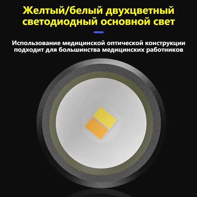 Фонарь ручной медицинский с белым, желтым и фиолетовым светом, USB Type-C, для осмотра ЛОР органов — фото 1