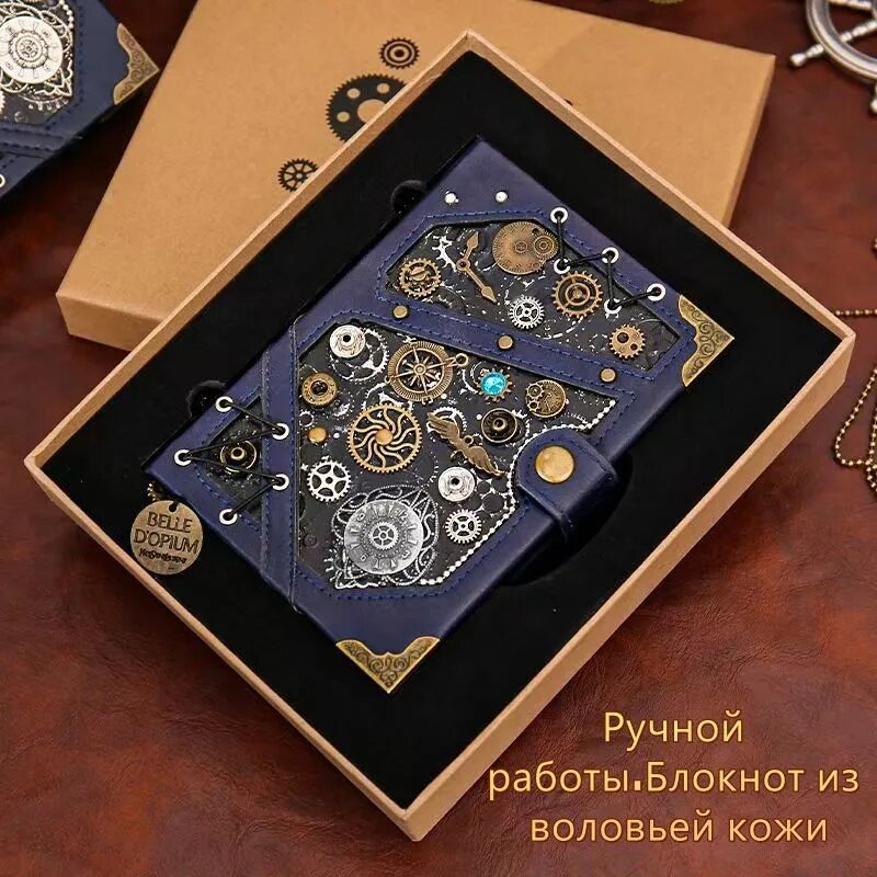 Записная книжка A6, 100 листов, натуральная кожа, металл, ручной работы, темно-синий, бронза