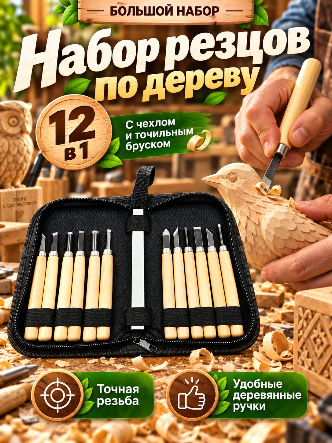 Набор фигурных резцов, ножей, долот, для резьбы по дереву ручные