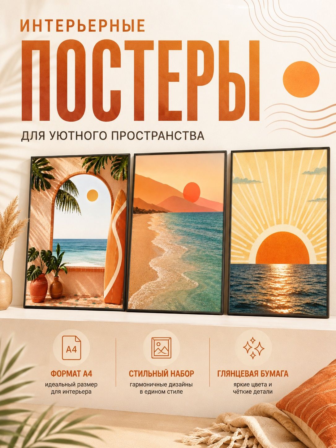 Набор интерьерных постеров "Summer Vibe & Ocean Sunset": 3 шт А4, Морской пейзаж, Закат на океане, Декор для летнего настроения