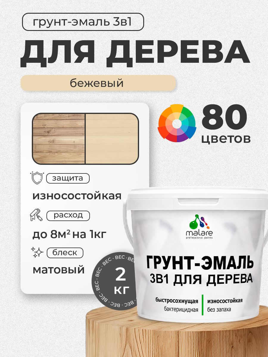Акриловая Грунт-Эмаль 3 в 1 Malare для деревянных поверхностей/ краска по дереву с антисептическим эффектом/ быстросохнущая моющаяся без запаха матовая, бежевый, 2 кг