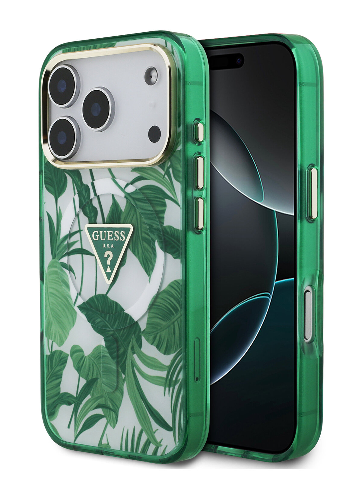 Чехол Guess на iPhone 18 Pro Max/17 Pro Max, с магнитами MagSafe, с принтом IML Jungle, с защитой камеры, зеленый