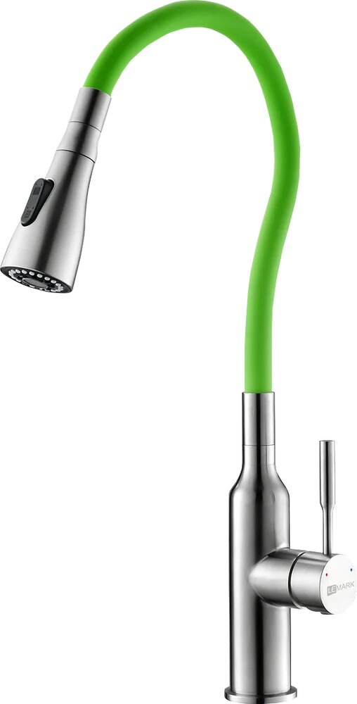 Смеситель для кухни Lemark Expert LM5082S-Green с гибким изливом, с поворотным изливом, хром, зеленый, матовый, однорычажный, нержавеющая сталь, с керамическим картриджем
