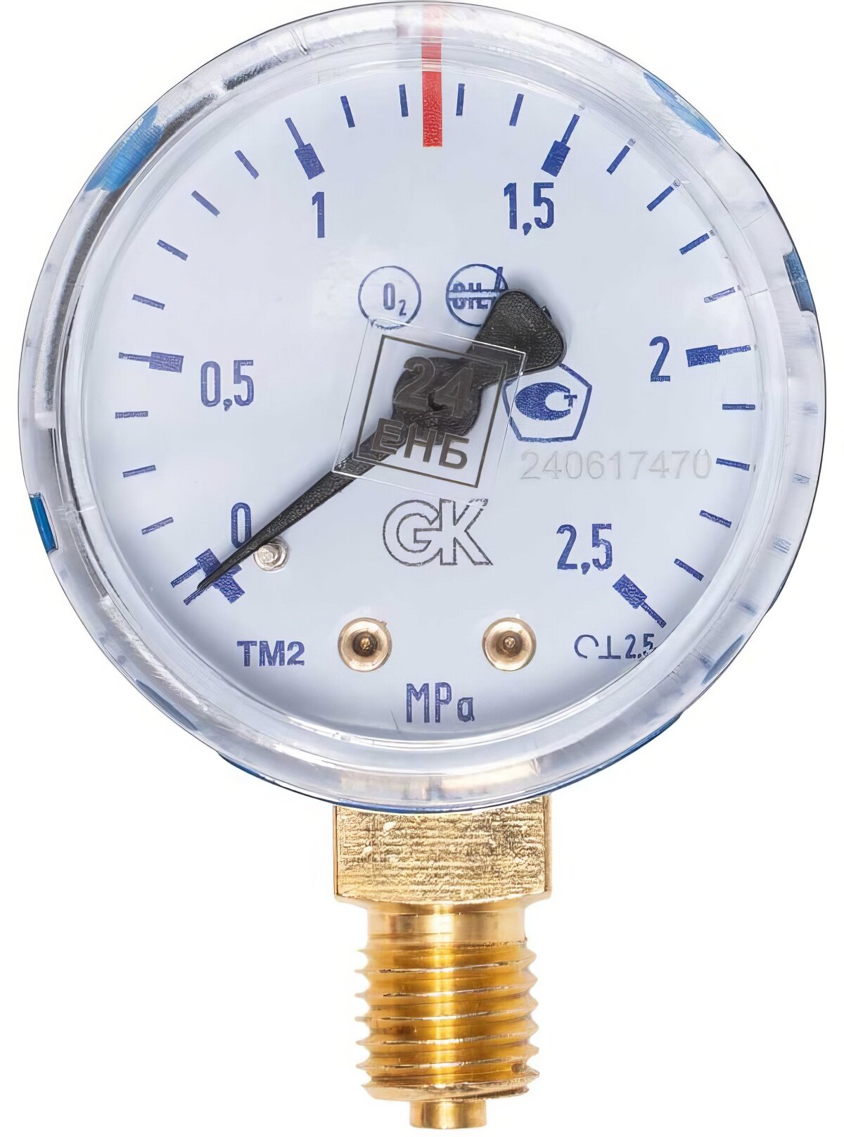 Манометр кислородный 2.5 МПа, 50 мм, М12x1.5, поверенный KRASS 2190106PV