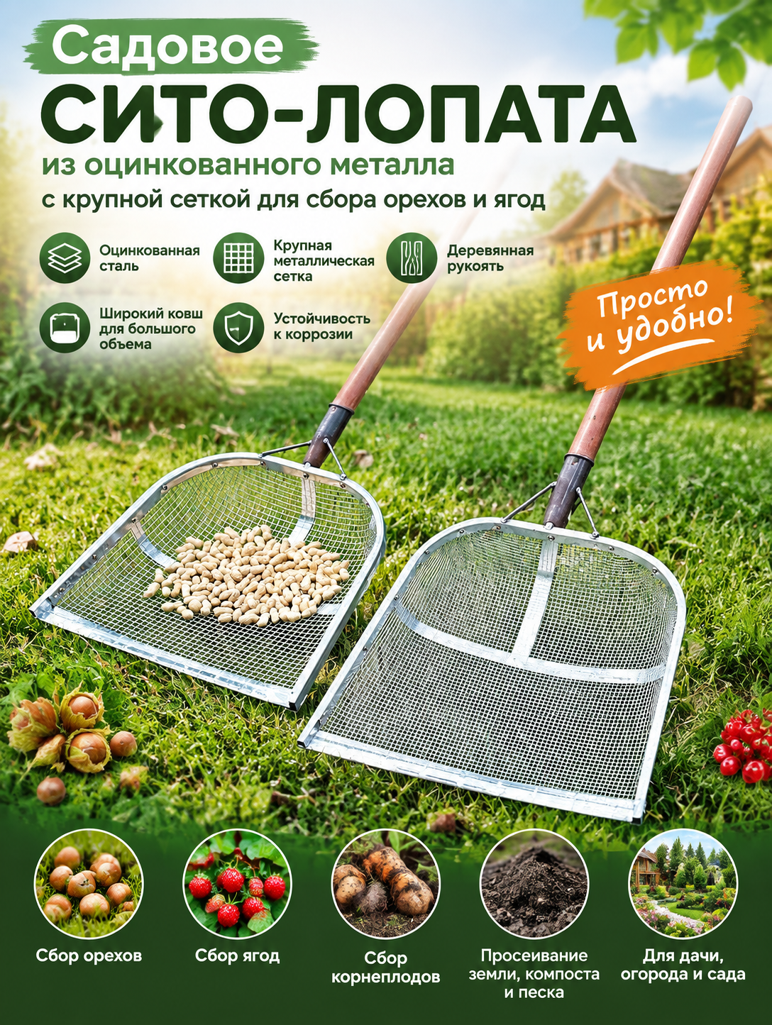Садовое сито-лопата (лопатка) оцинкованная с крупной сеткой для сбора орехов и ягод