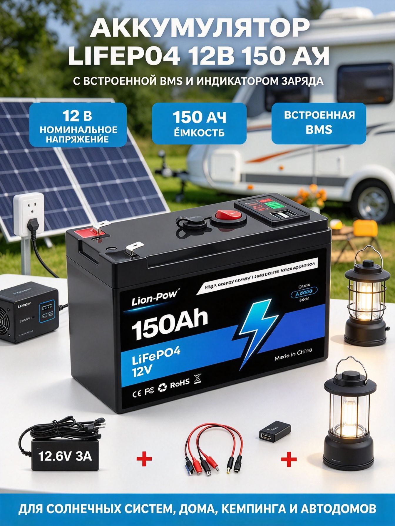 Литий-железо-фосфатный (LiFePO4) аккумулятор 12 В 150 Ач со встроенной системой управления батареей (BMS).