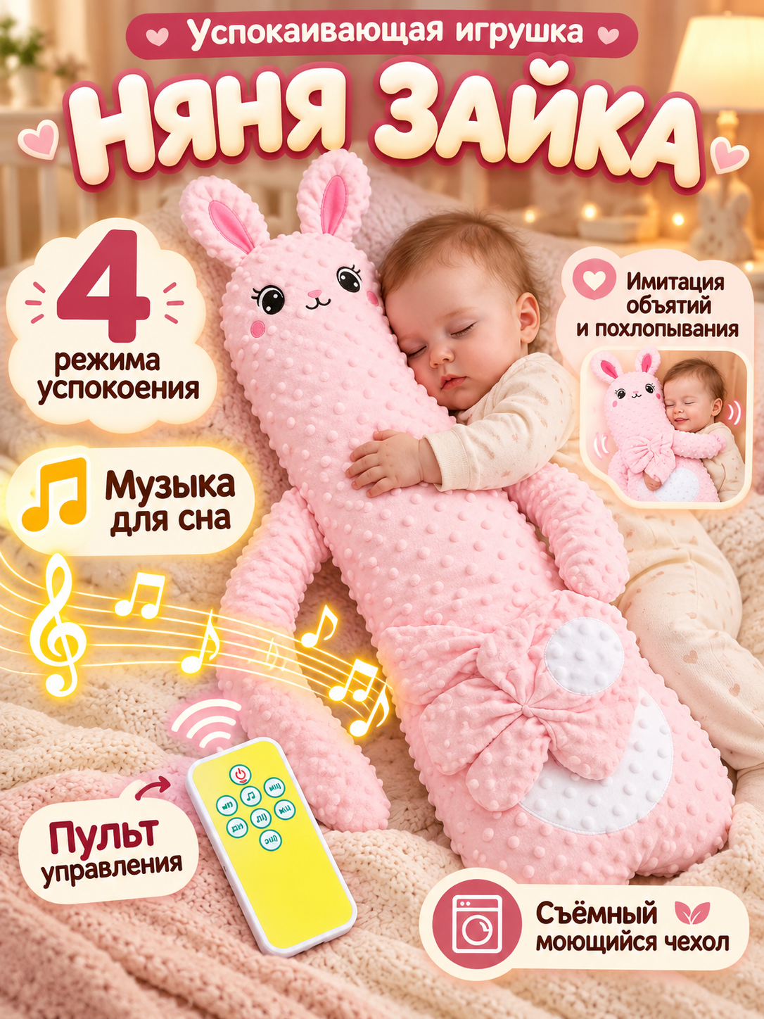 Игрушка для сна Няня Зайка, музыкальная мягкая игрушка с функцией похлопывания и пультом управления