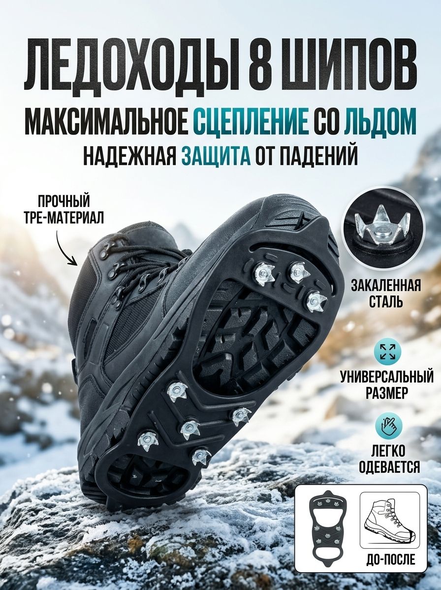 Ледоступы размер 37-45 накладки на обувь 8 шипов, растягивающиеся