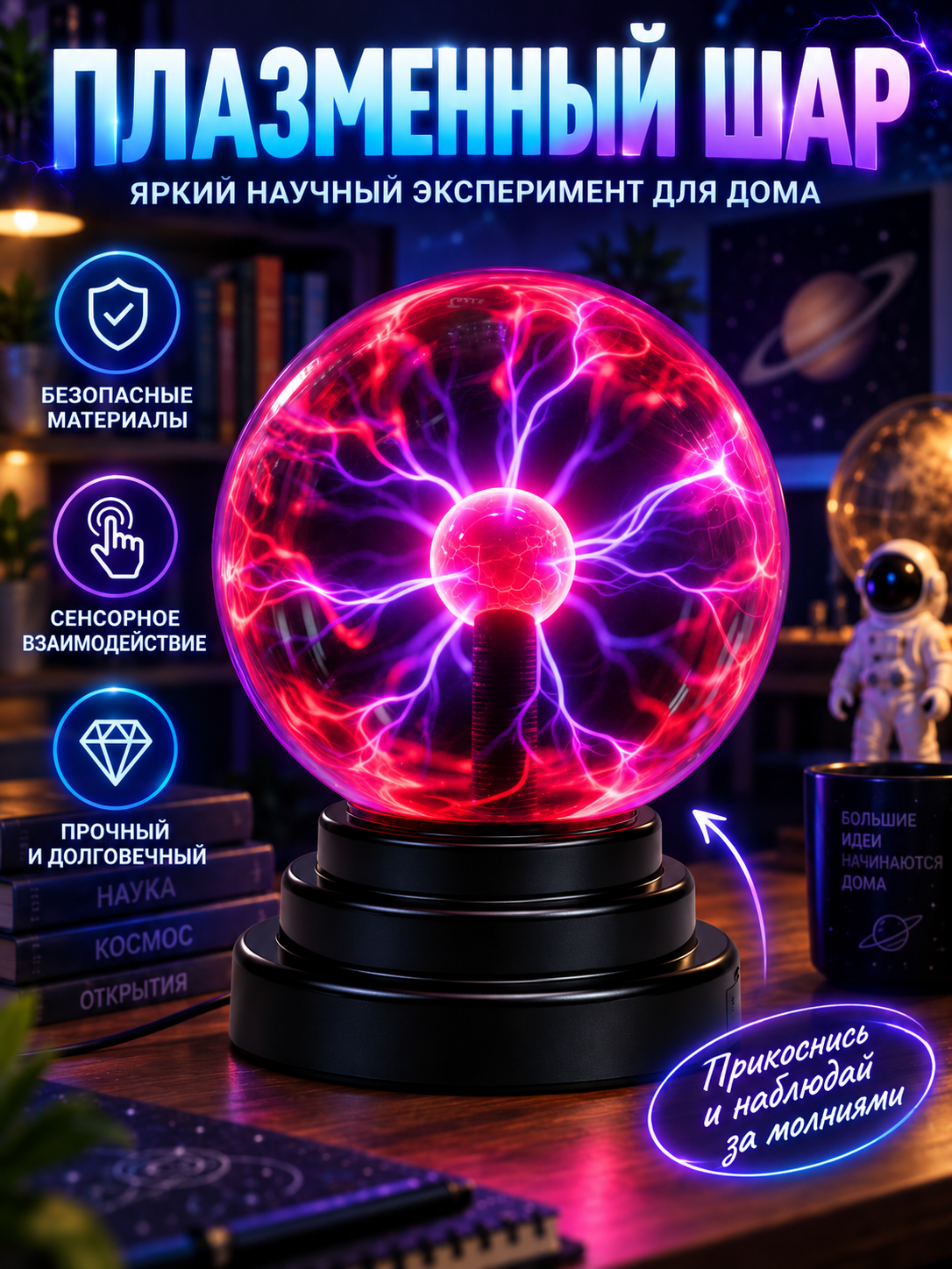 Плазменный шар интерактивный, сенсорное управление, USB питание, украшение интерьера, оригинальный сувенир для дома