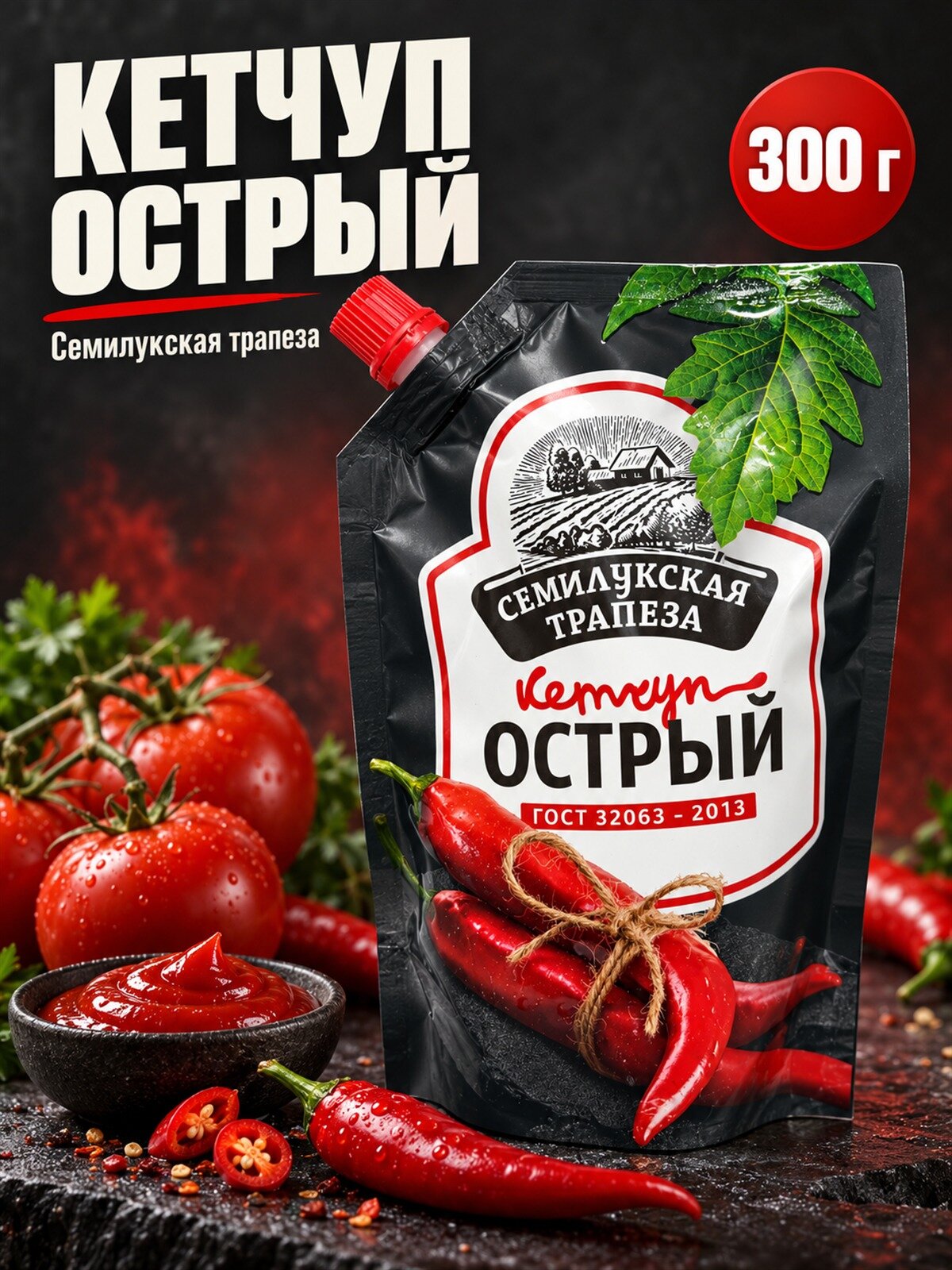 Кетчуп Семилукская трапеза «Острый» 300 г, с перцем чили и чесноком, к мясу и шашлыку