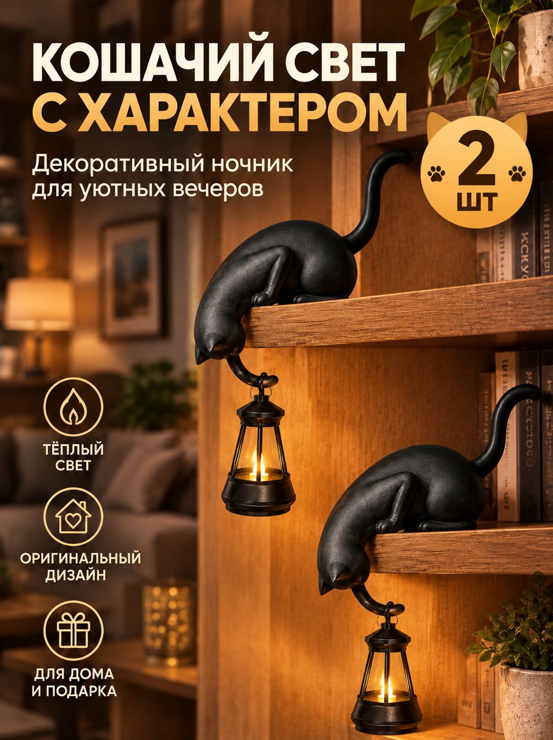 Ночник-кот для полки, декоративный светильник-кот на полку, сувенирная лампа-кот на край полки, декор для дома