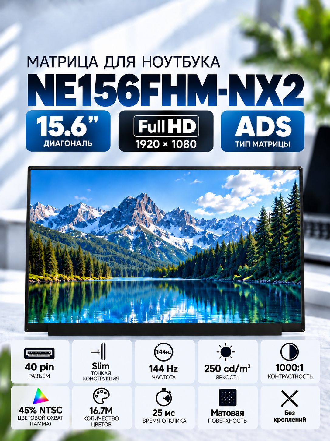 Матрица NE156FHM-NX2 144Hz, LM156LF2F01, LM156LF2F03, N156HRA-EA1,15.6" 1920x1080 (Full HD) 144Hz 40 pin ADS 45% NTSC матовая без креплений