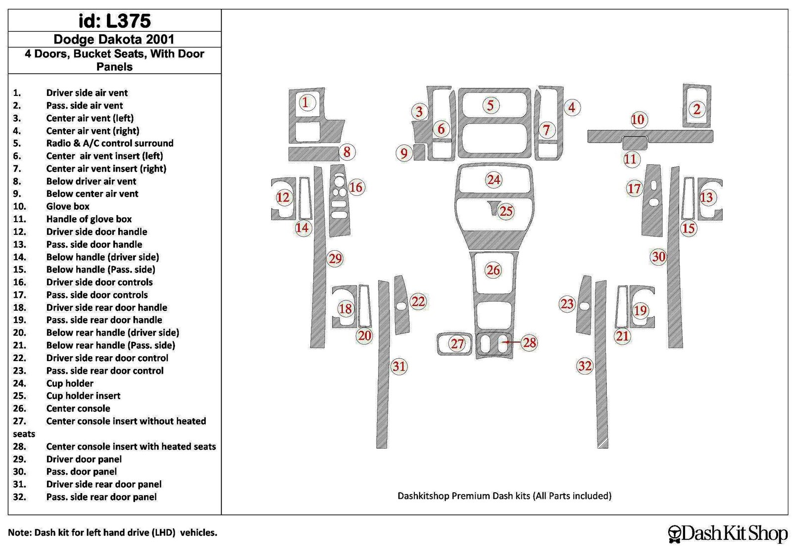 Декоративные накладки салона для Dodge Dakota 2001-2001. Комплект L375.