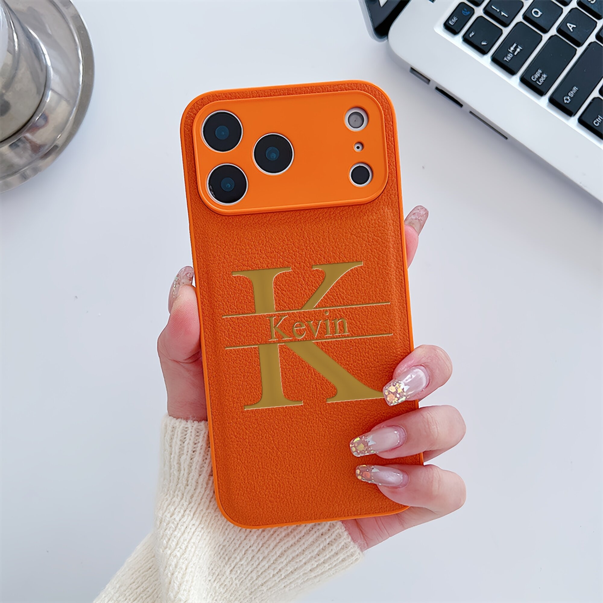 Чехол для смартфона из синтетической кожи, именной с многоцветной гравировкой заглавными буквами, ударопрочный, деловой стиль, оранжевый