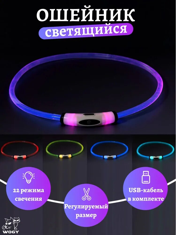 Светящийся ошейник для собак и кошек WOGY 70см, 22режима, USB-Type-C, разноцветный