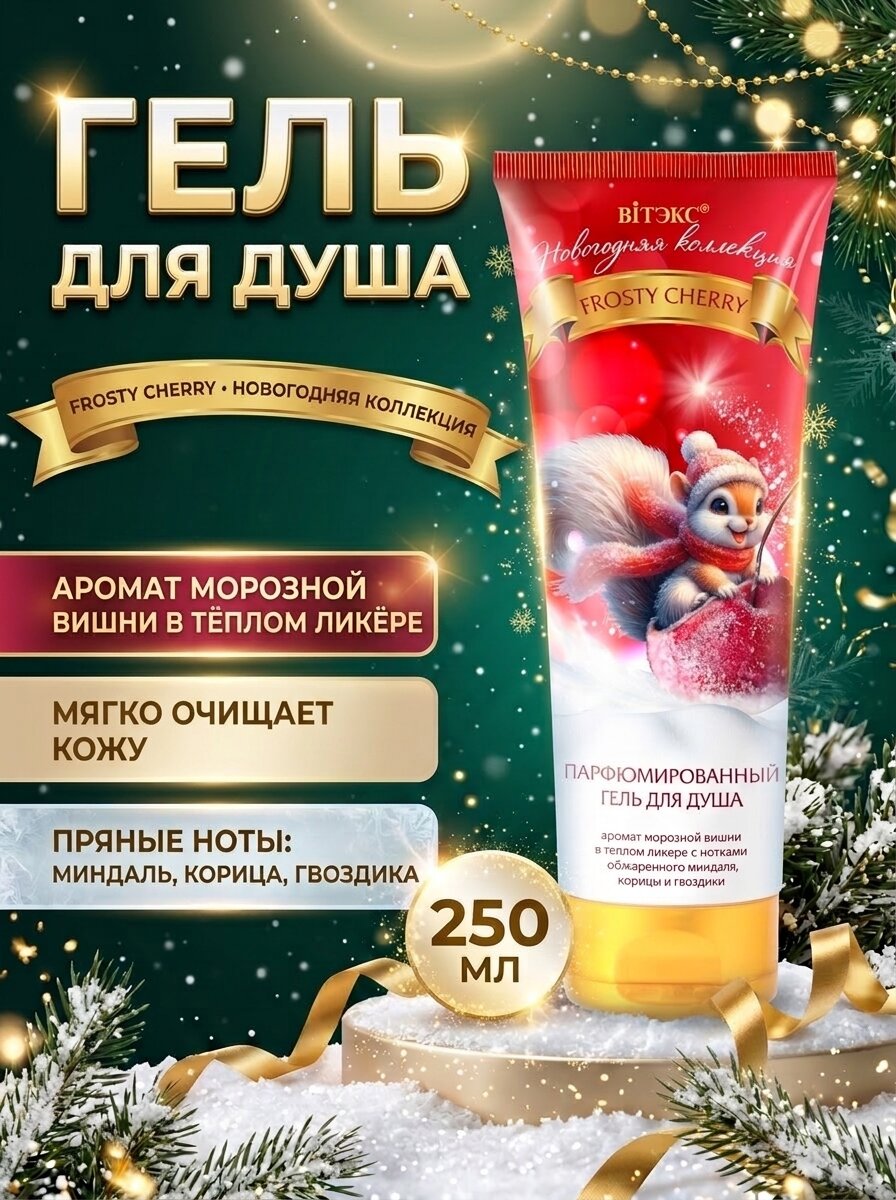 Парфюмированный гель для душа FROSTY CHERRY, новогодняя коллекция, 250 мл, Витэкс