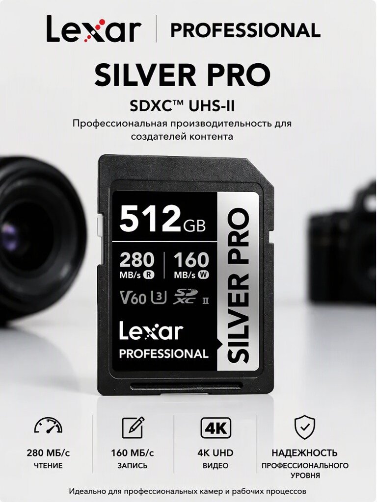Карта памяти Lexar Professional SILVER PRO SDXC UHS-II 512GB V60, профессиональная карта для фото и видеосъёмки