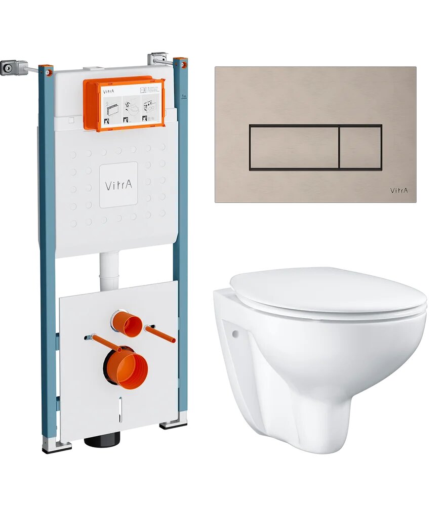 Комплект 3 в 1 Унитаз подвесной Grohe Bau Ceramic 39351000 / Инсталляция VitrA Ви-Фикс Кор (V-Fix Core) 732-5800-01PV / Кнопка Рут Скуэр (Root Square) 740-2395 цвет никель