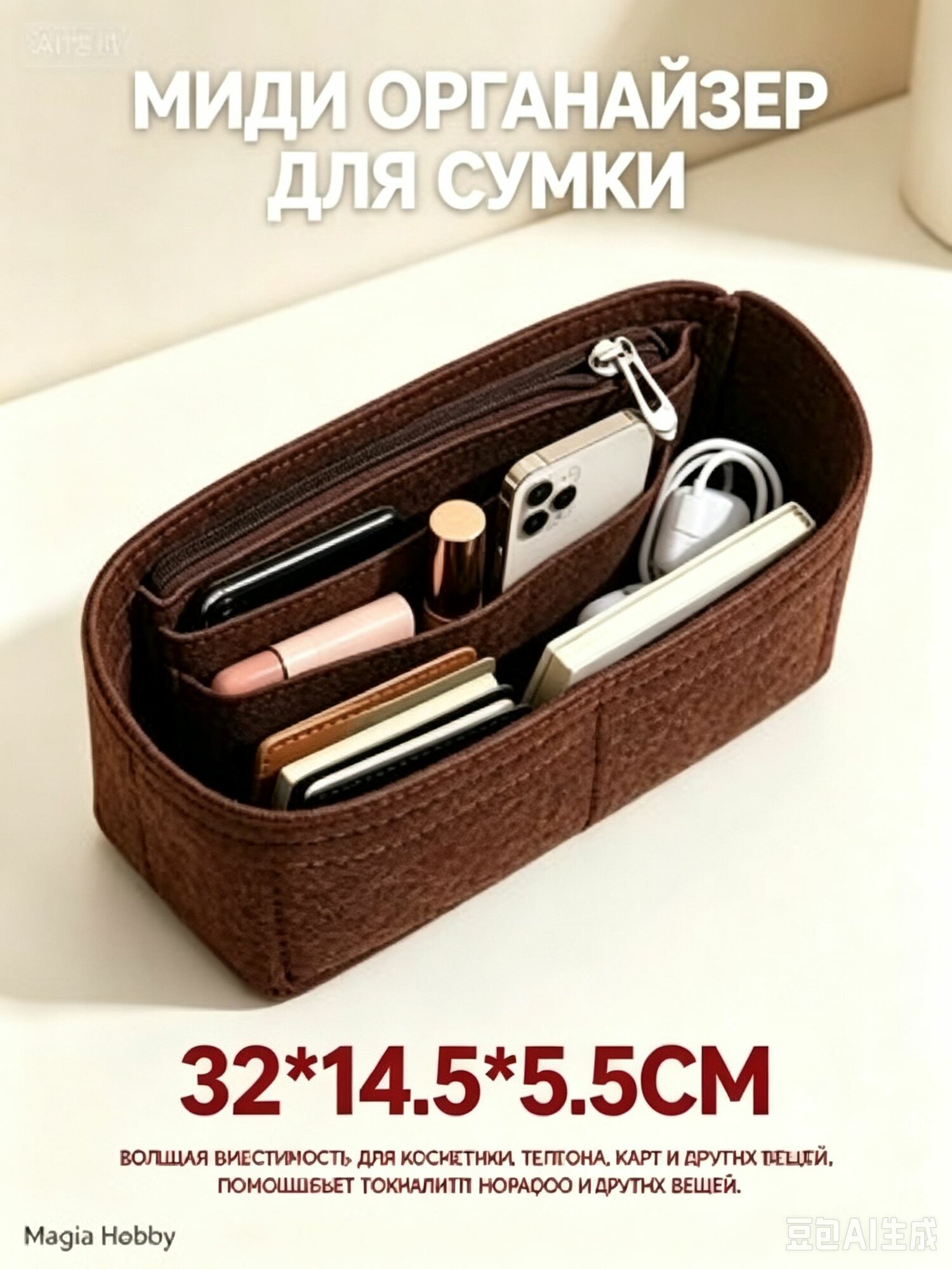 Фетровый органайзер для сумки, розовый, миди, 17.5х8.5х4 см, для телефона, ключей и косметики, 1 шт