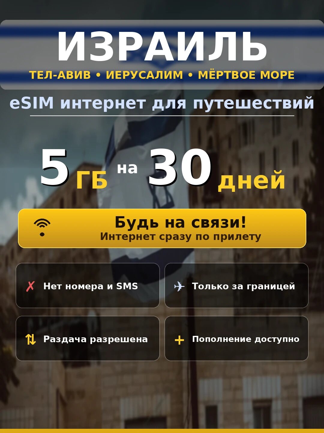 ESIM Израиль — мобильный интернет 5 ГБ на 30 дней | виртуальная SIM-карта для путешествий