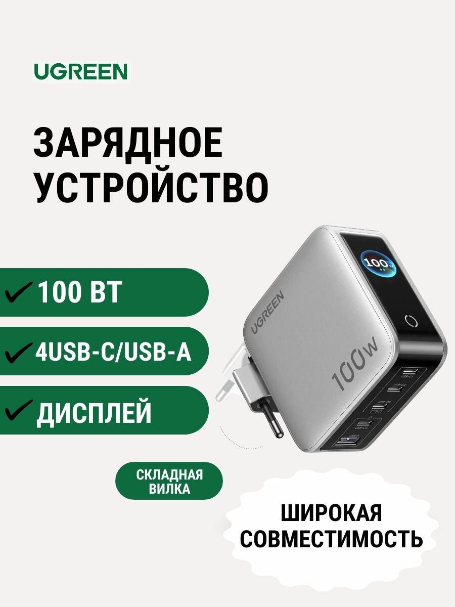 Сетевое зарядное устройство со складной вилкой Ugreen X773 USB A + 4 USB C 100W GaN Fast Charger (65620B), светло-серый