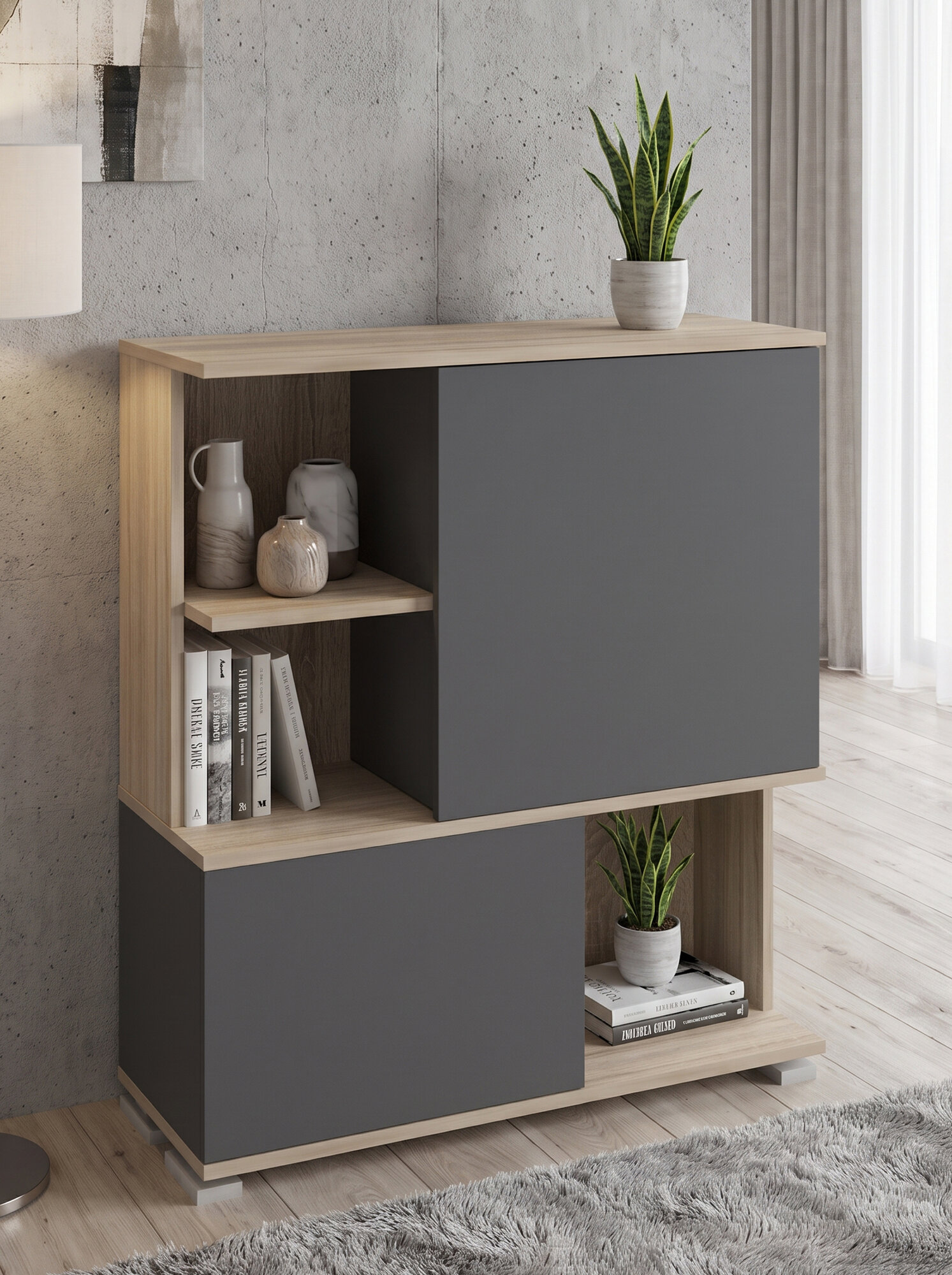 Стеллаж Арута, СОД-85 Н, с распашными дверями, сонома/графит, 85х32х98 см