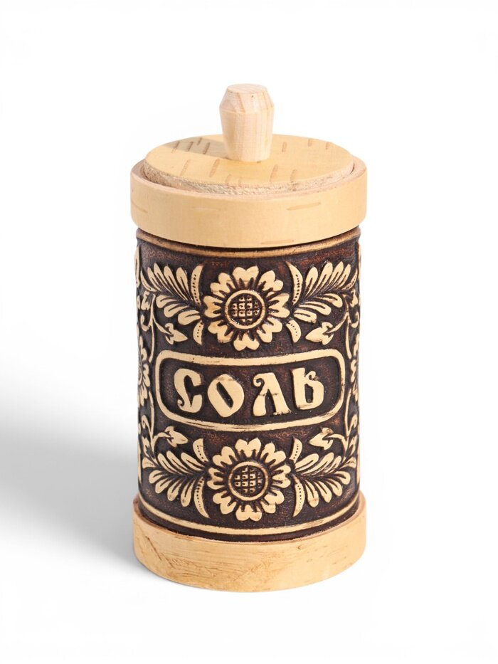 Туес "Цветочный орнамент" Д6, Н12(с хватком), V0,25, соль, береста
