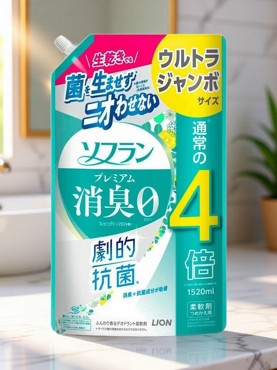 Кондиционер для белья LION Soflan Premium Fresh Green Aroma, с ароматом свежей зелени и фруктов, мягкая упаковка с колпачком, 1520 мл.