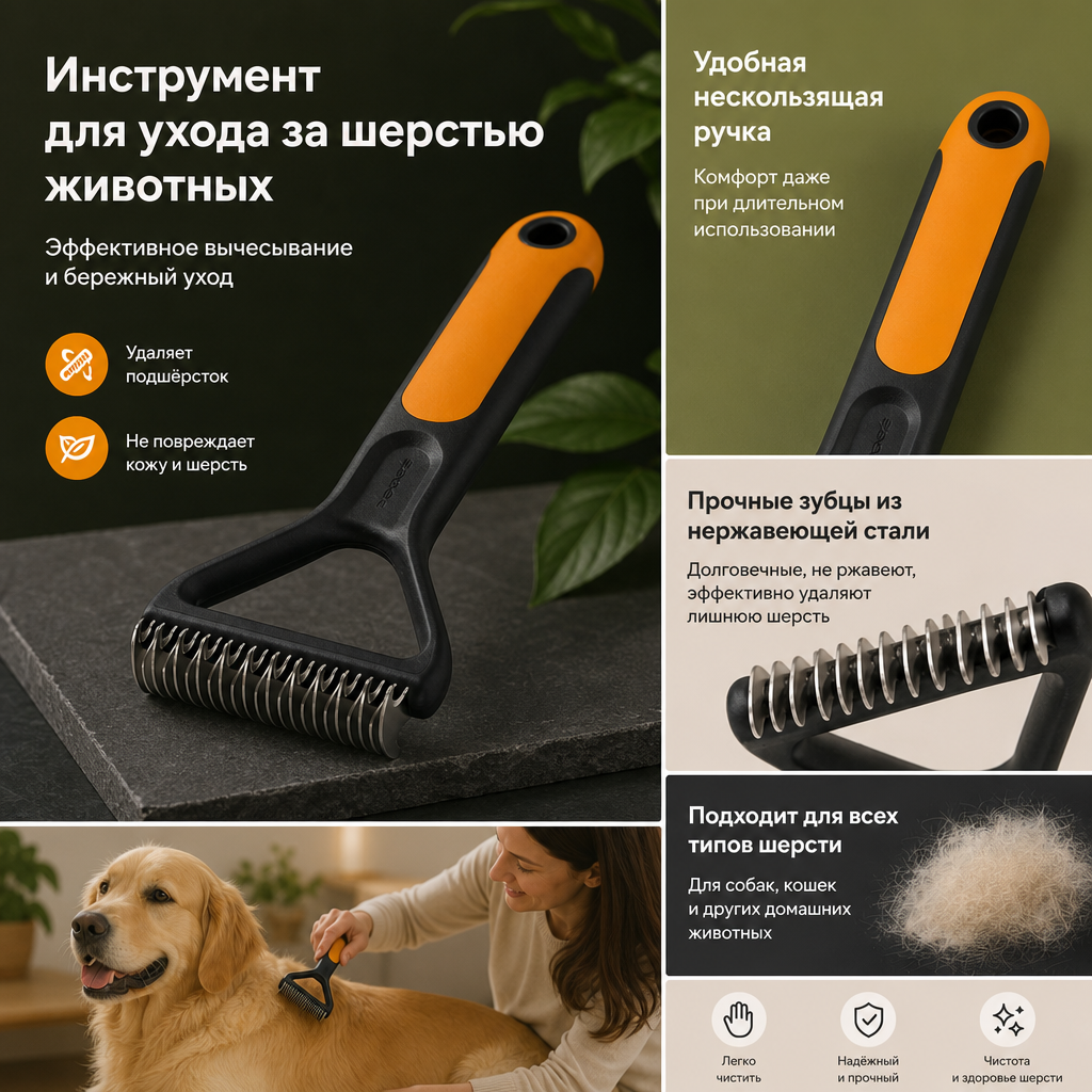 Профессиональная щетка для груминга собак, безопасный, нескользящий, снижает линьку